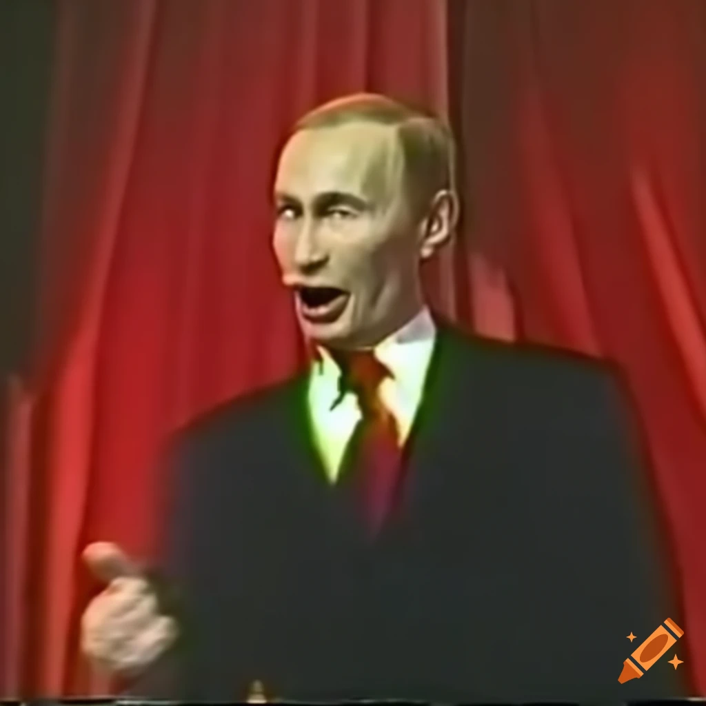 Vladimir Putin in bow tie singing with shouting gestures in Trololo Man setting on Craiyon