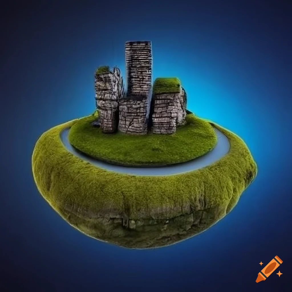 Moss-covered stone buildings on a floating island in outer space at ...
