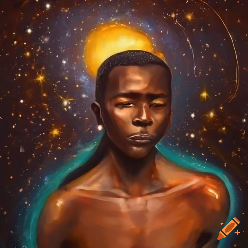 Man holding celestial female under starry sky in a painting on Craiyon