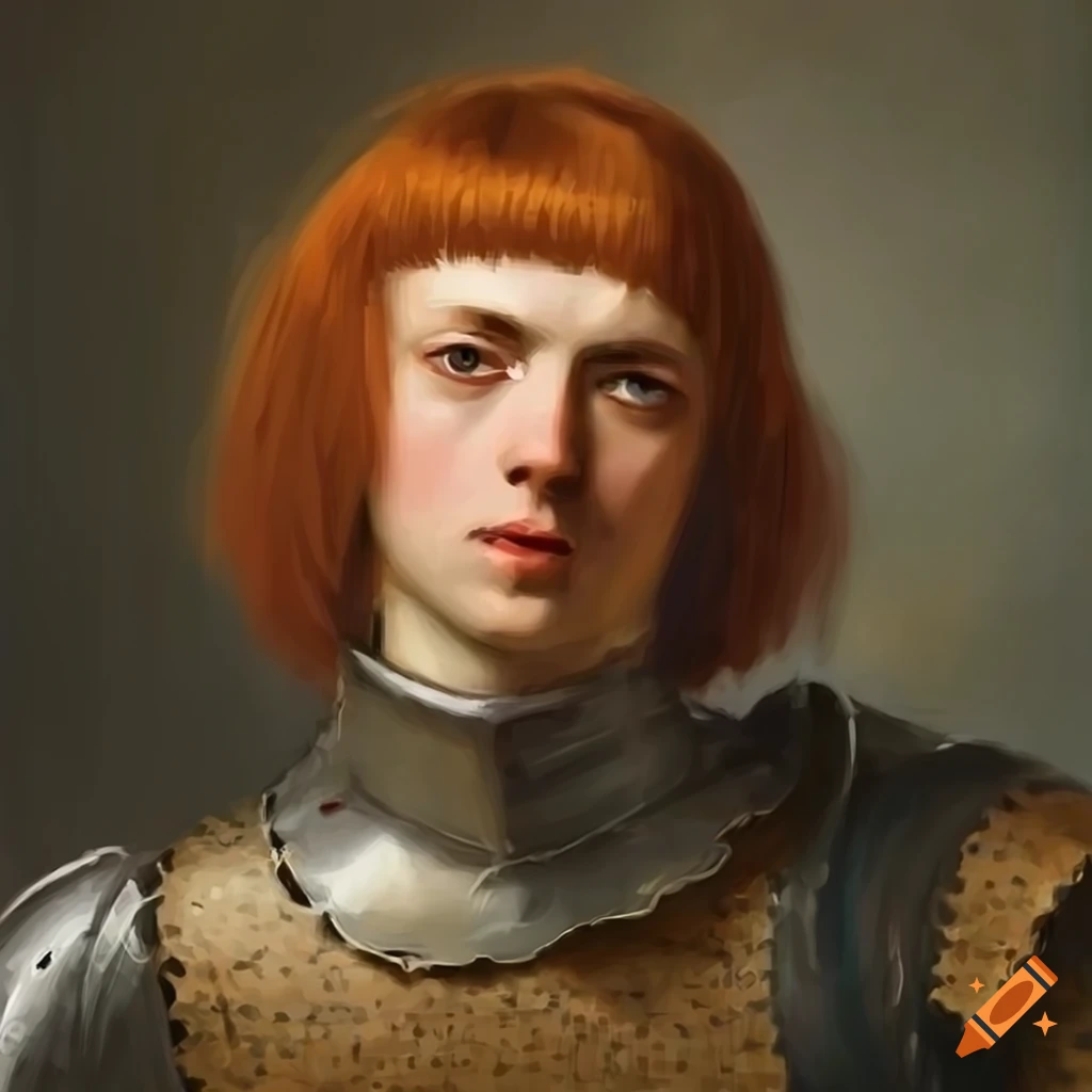 Portrait of androgynous person in knight armor with ginger bowlcut ...