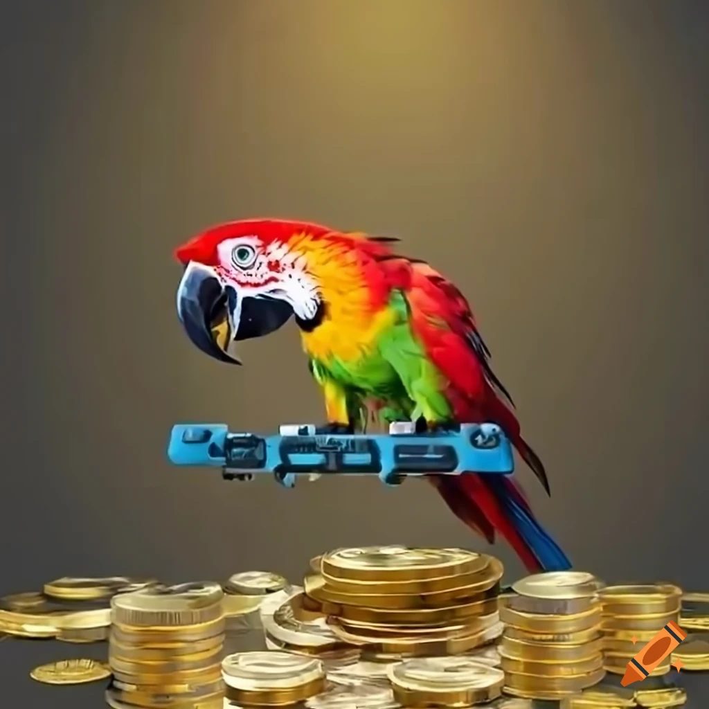 Macaw playing video games surrounded by gold coins on Craiyon