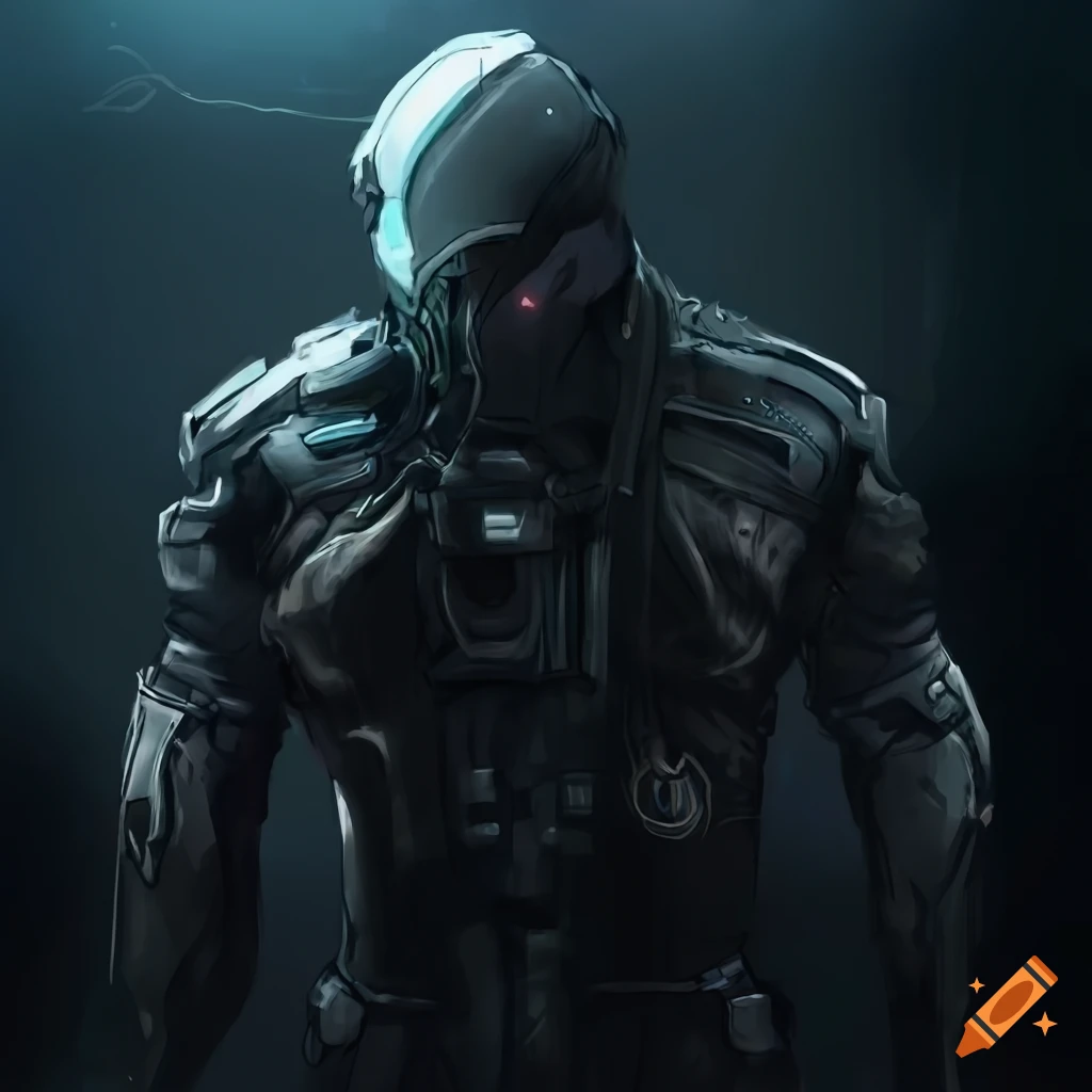 Cyborg soldier in tactical jacket in a cyberpunk setting on Craiyon
