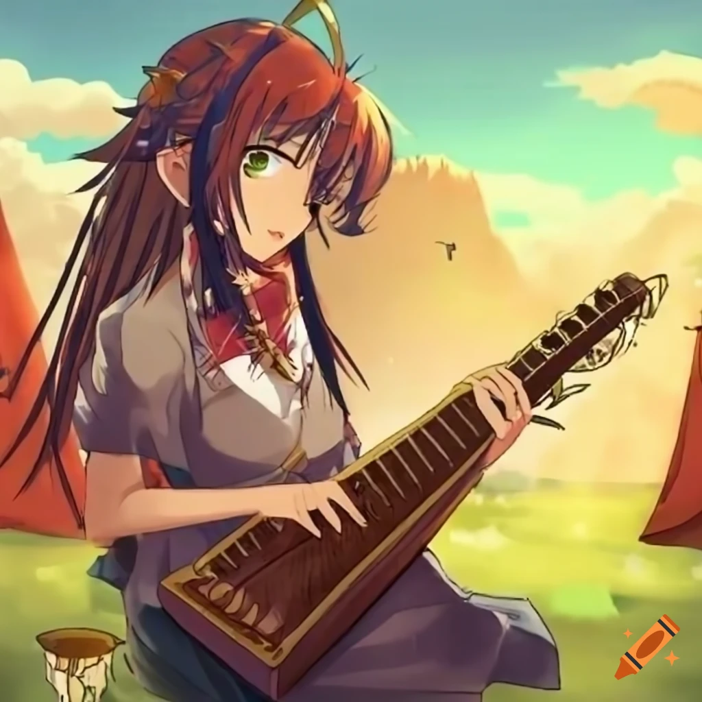 Anime bard playing zither at camp on Craiyon