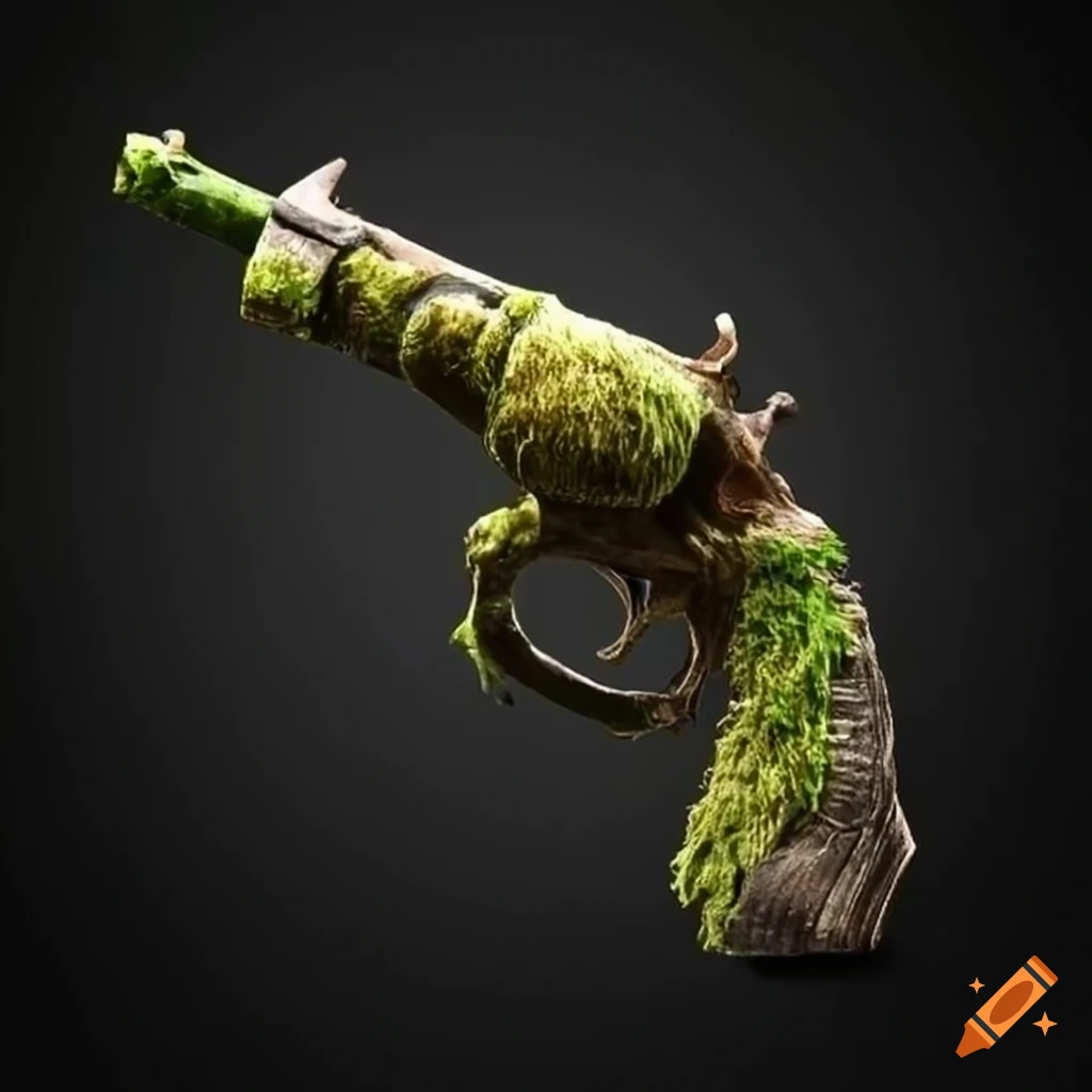Fantasy revolver crafted from an ancient mossy tree stump on Craiyon
