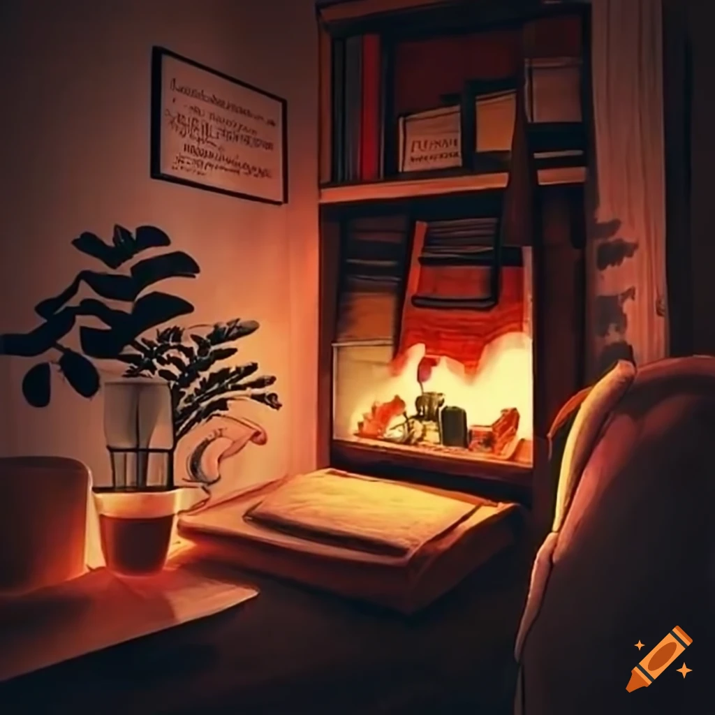 Cozy study interior with books and warm lighting on Craiyon