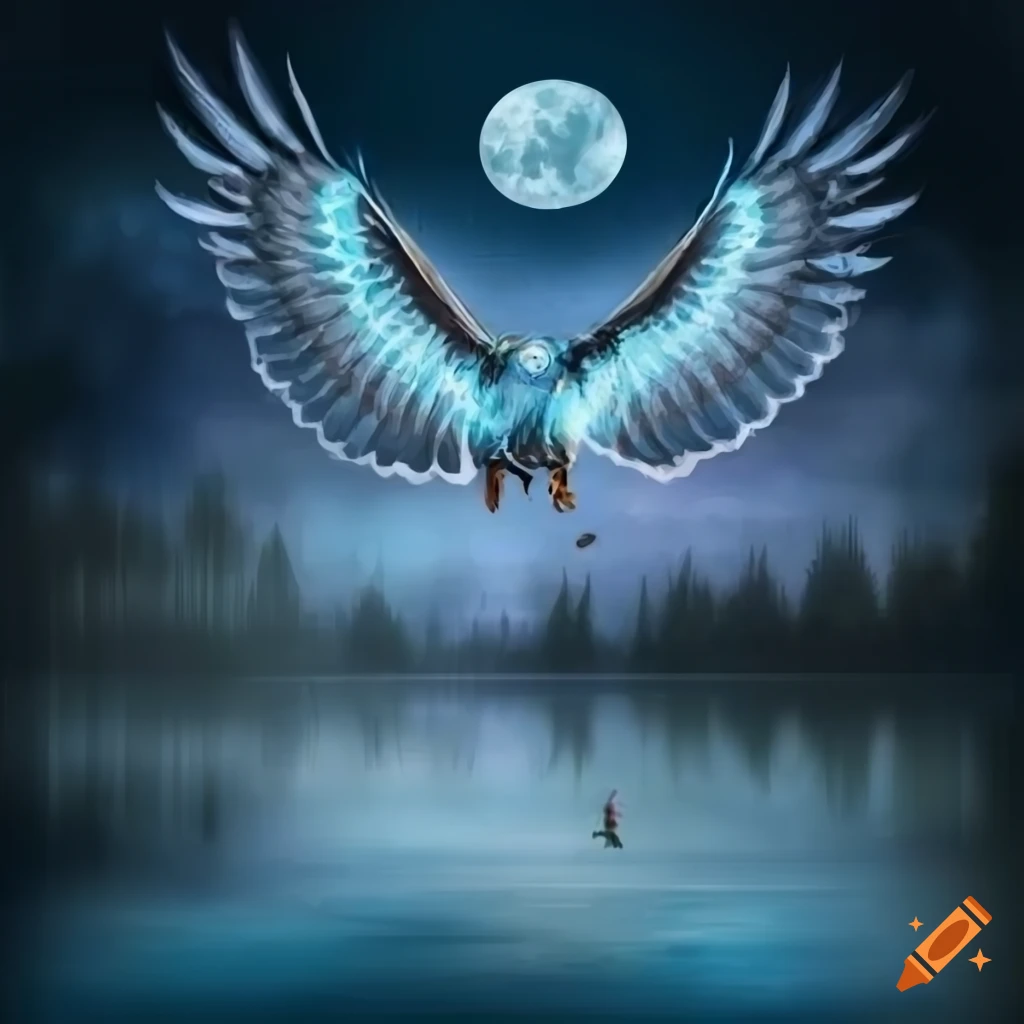 Ethereal bird hawk flying in a spooky foggy wetland with full moon on ...