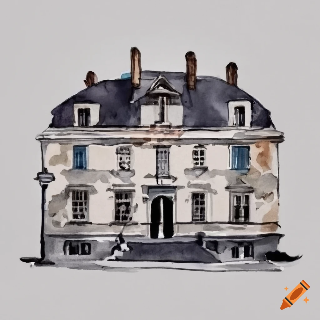 Minimalistic watercolour drawing of a french manor house on Craiyon