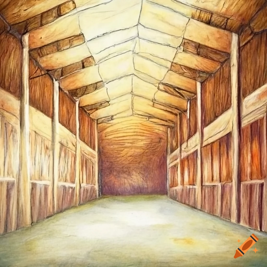 Empty stable with clear floor in colored pencil drawing on Craiyon