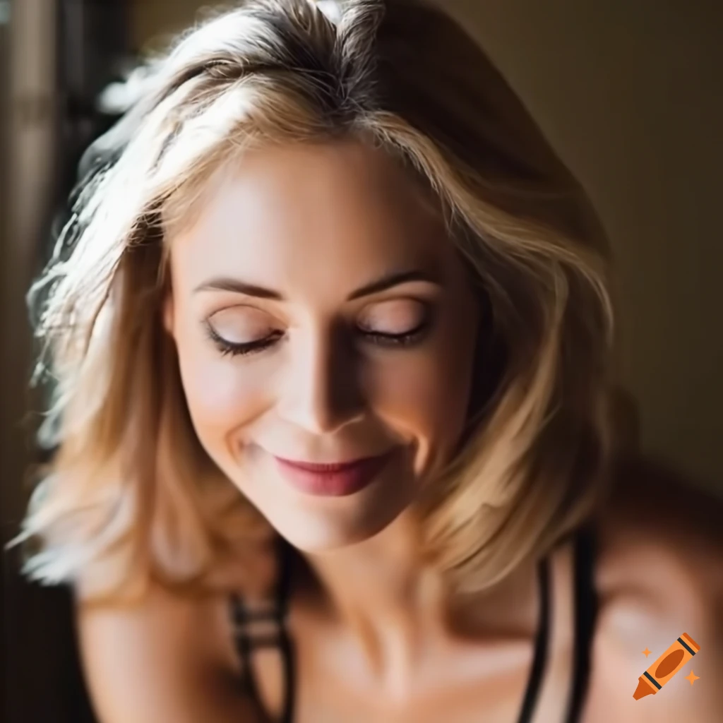 Melissa Francis boudoir portrait with eyes closed and a bright smile on Craiyon