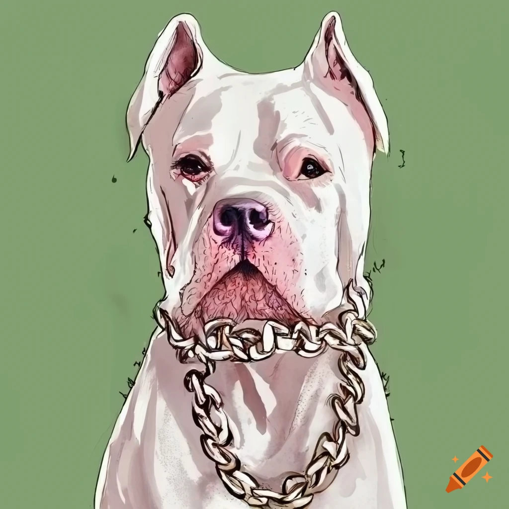 Dogo Argentino breed with a Cuban link gold chain in ink drawing on Craiyon