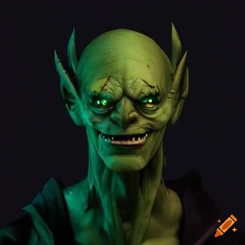 Mystical green goblin character with enlarged eyes and scaly skin ...