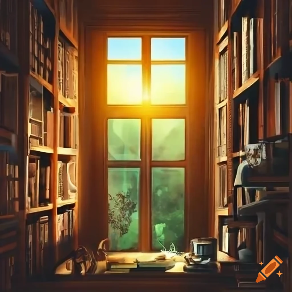 Cozy library with sunlight coming through the window on Craiyon