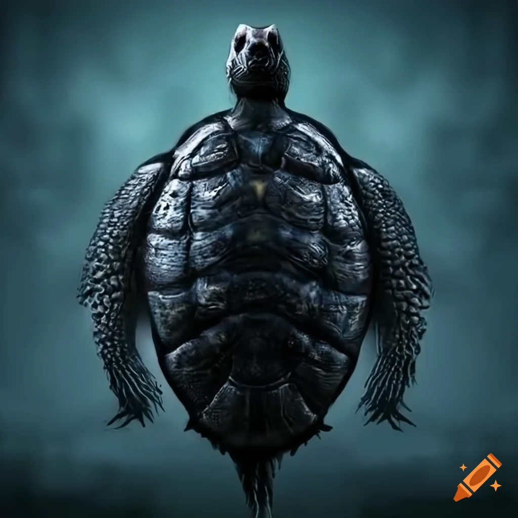 Black turtle in a dark and mystic pose with plain background on Craiyon