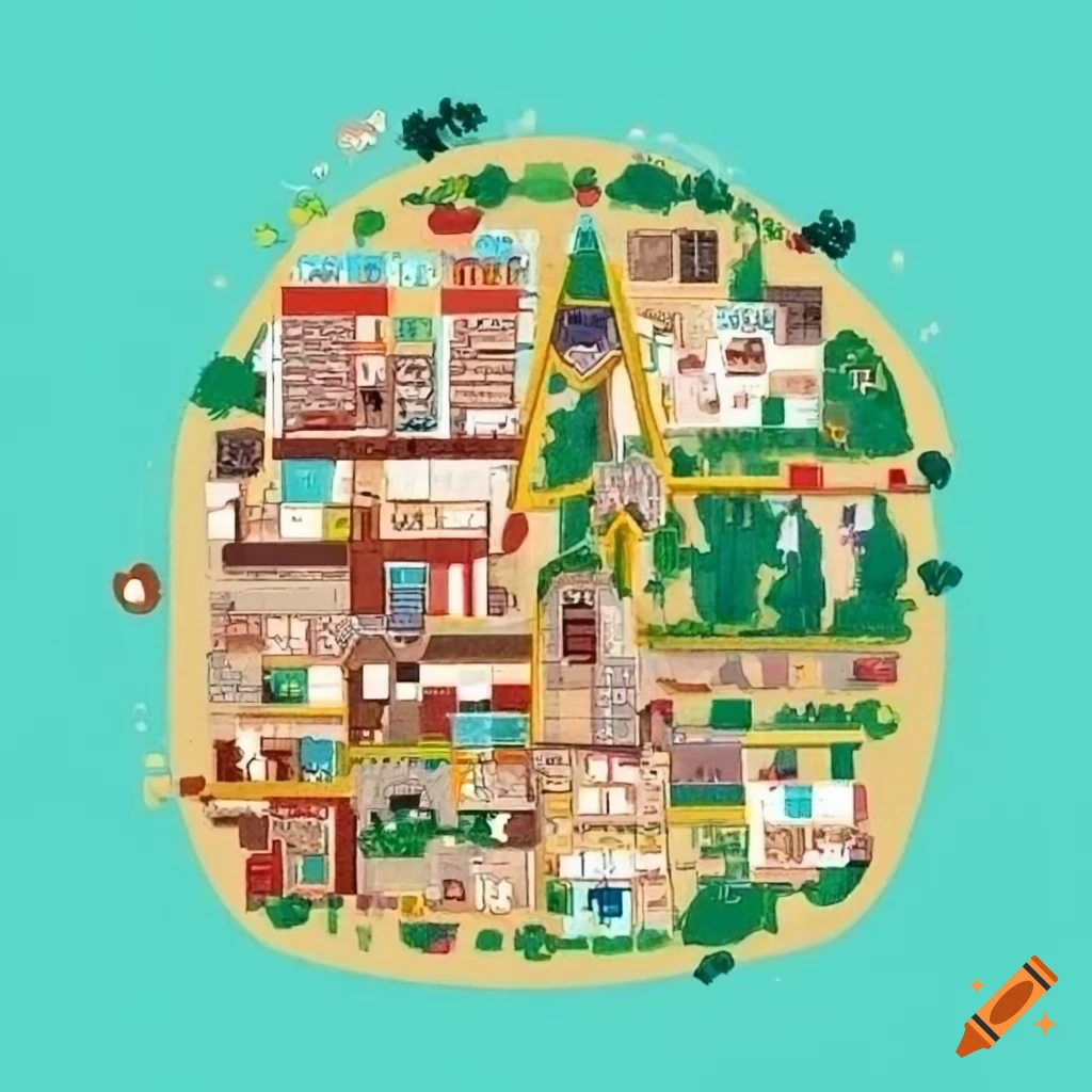 Community map showing locations of church, school, market, playground ...