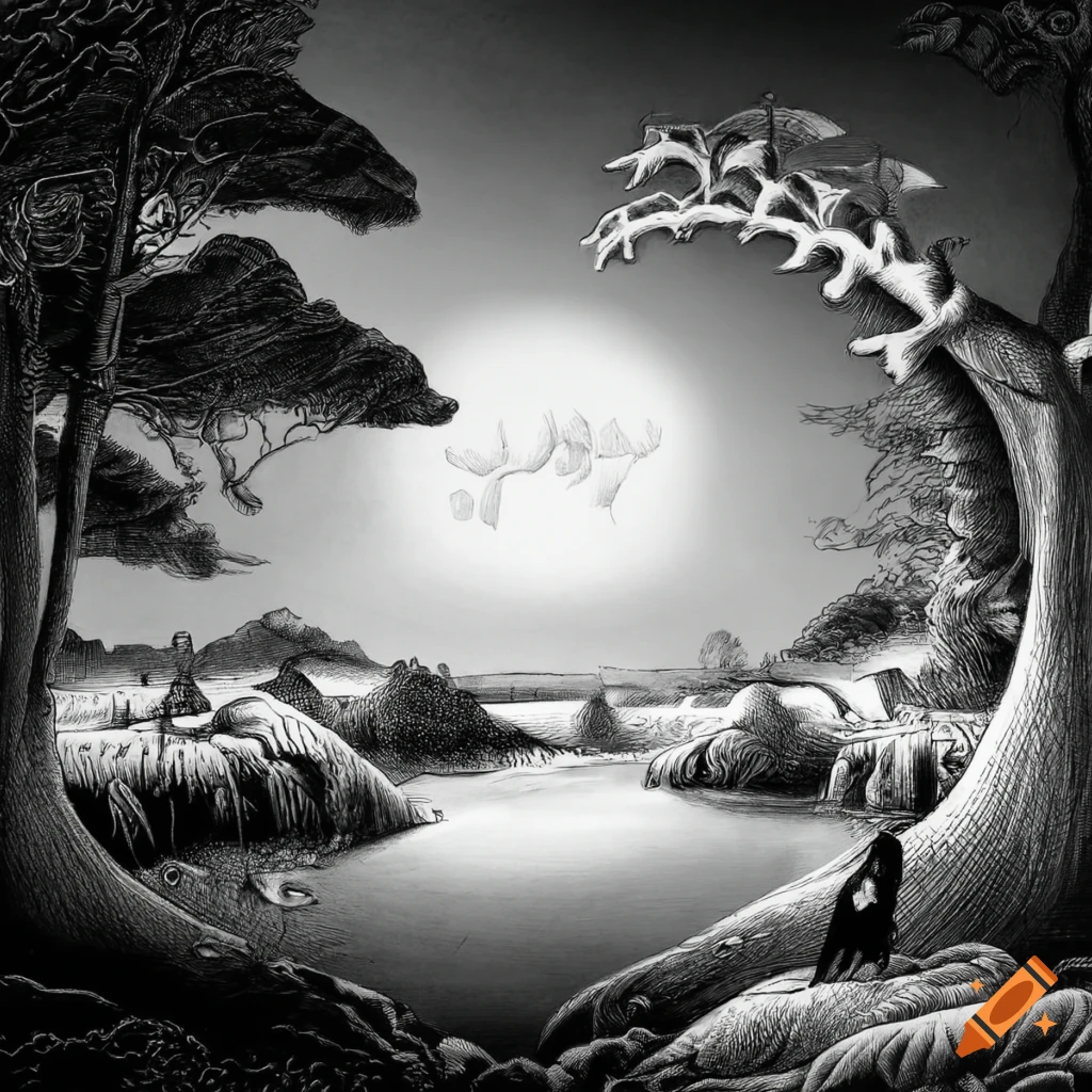 Surrealist black and white pencil sketch with river bubbles, trees ...