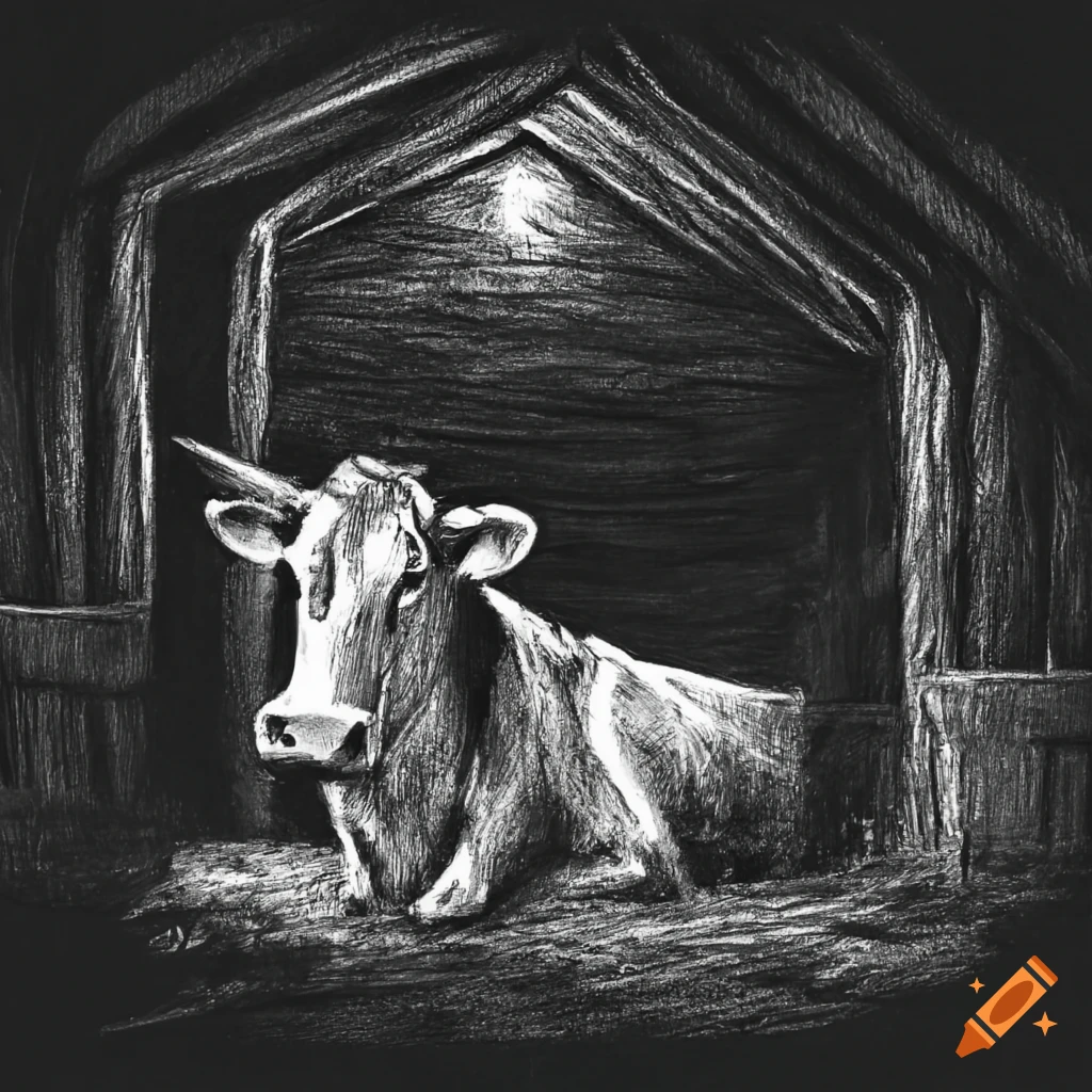 Cows inside barn at night in a village, charcoal drawing on Craiyon
