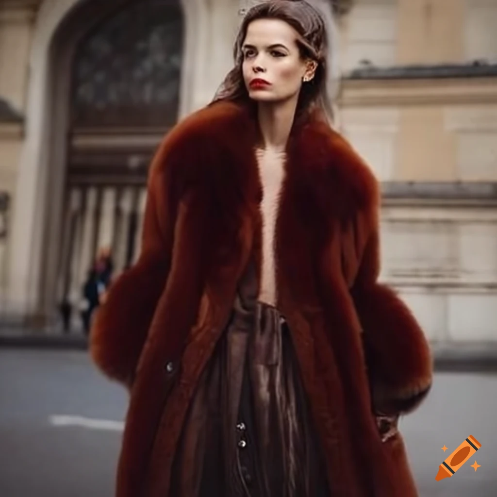 Woman in fur jacket walking in paris on Craiyon
