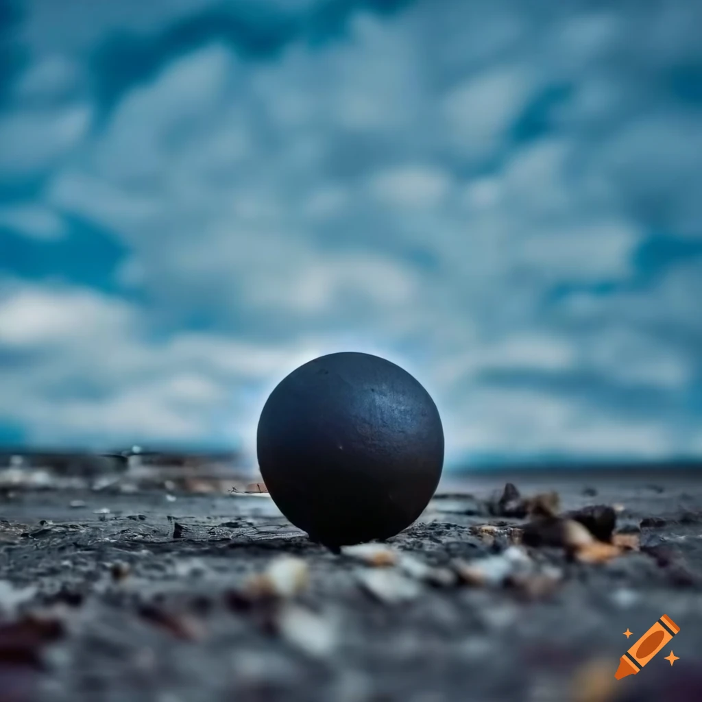 Black iron cannonball on the ground under a blue sky with fluffy clouds ...
