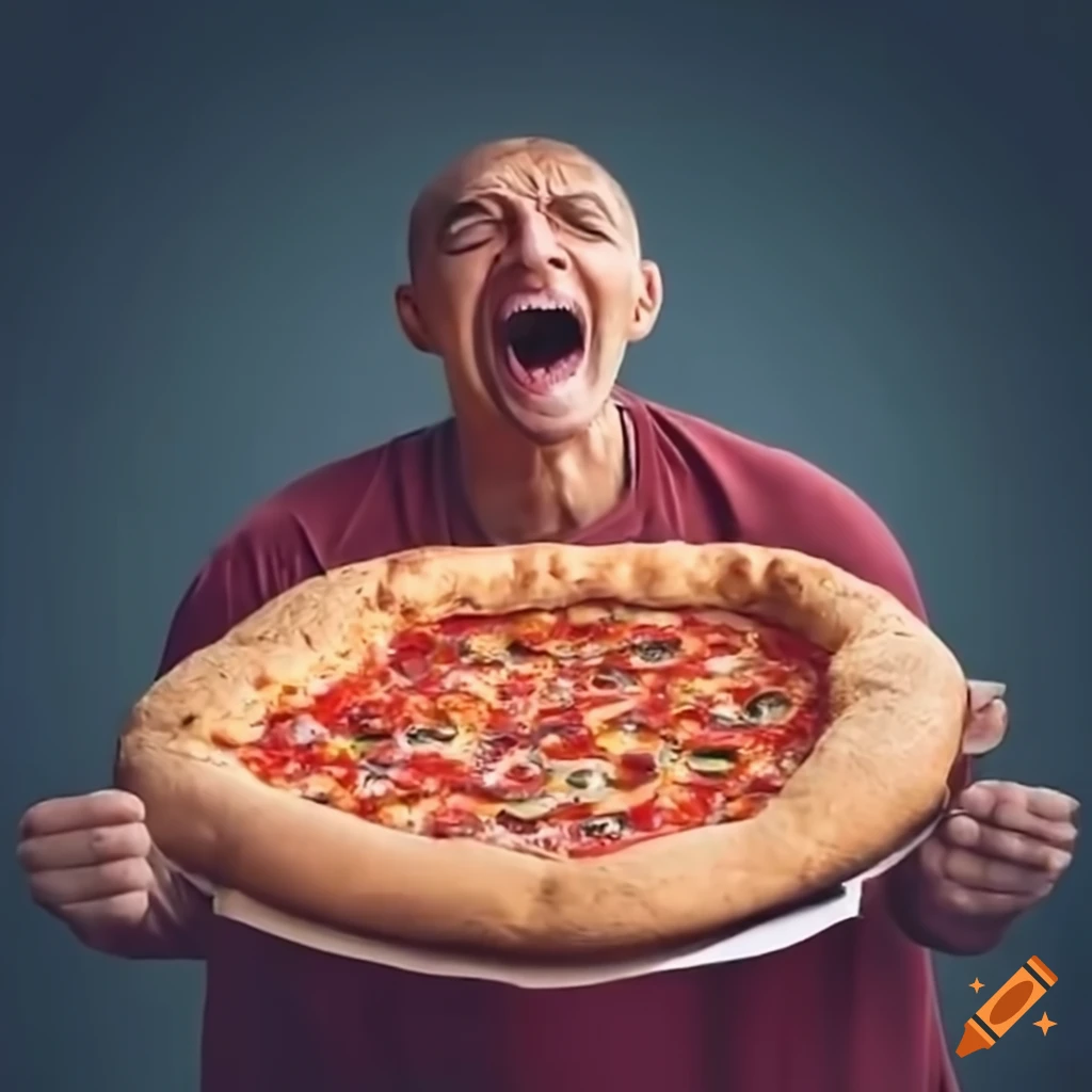 Joyful man crying tears of happiness with a giant pizza on Craiyon