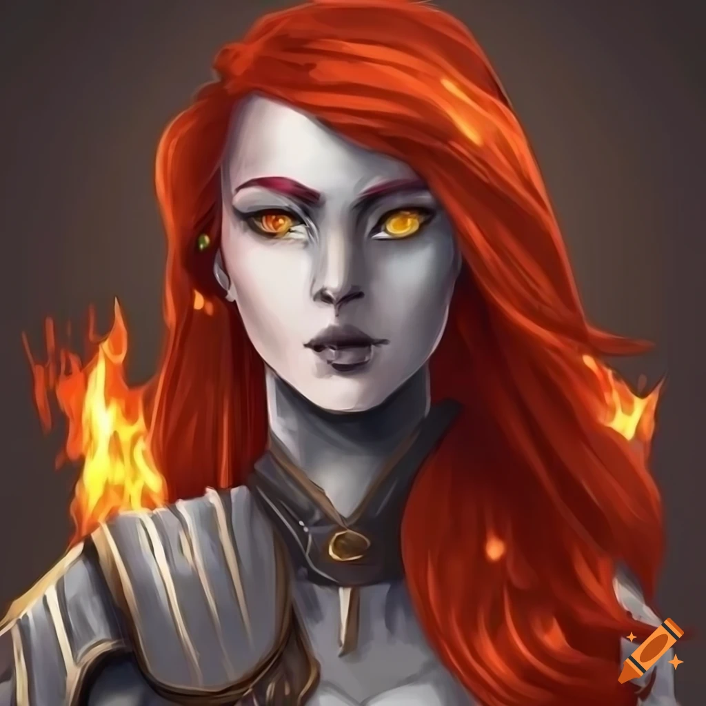 Anime-style portrait of a female fire genasi warrior with fiery red ...