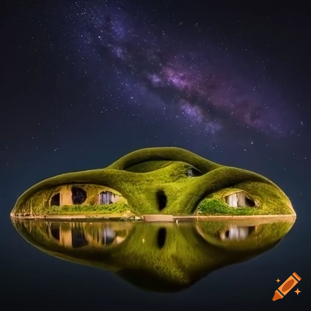 Moss-covered stone buildings on a floating island in outer space at ...