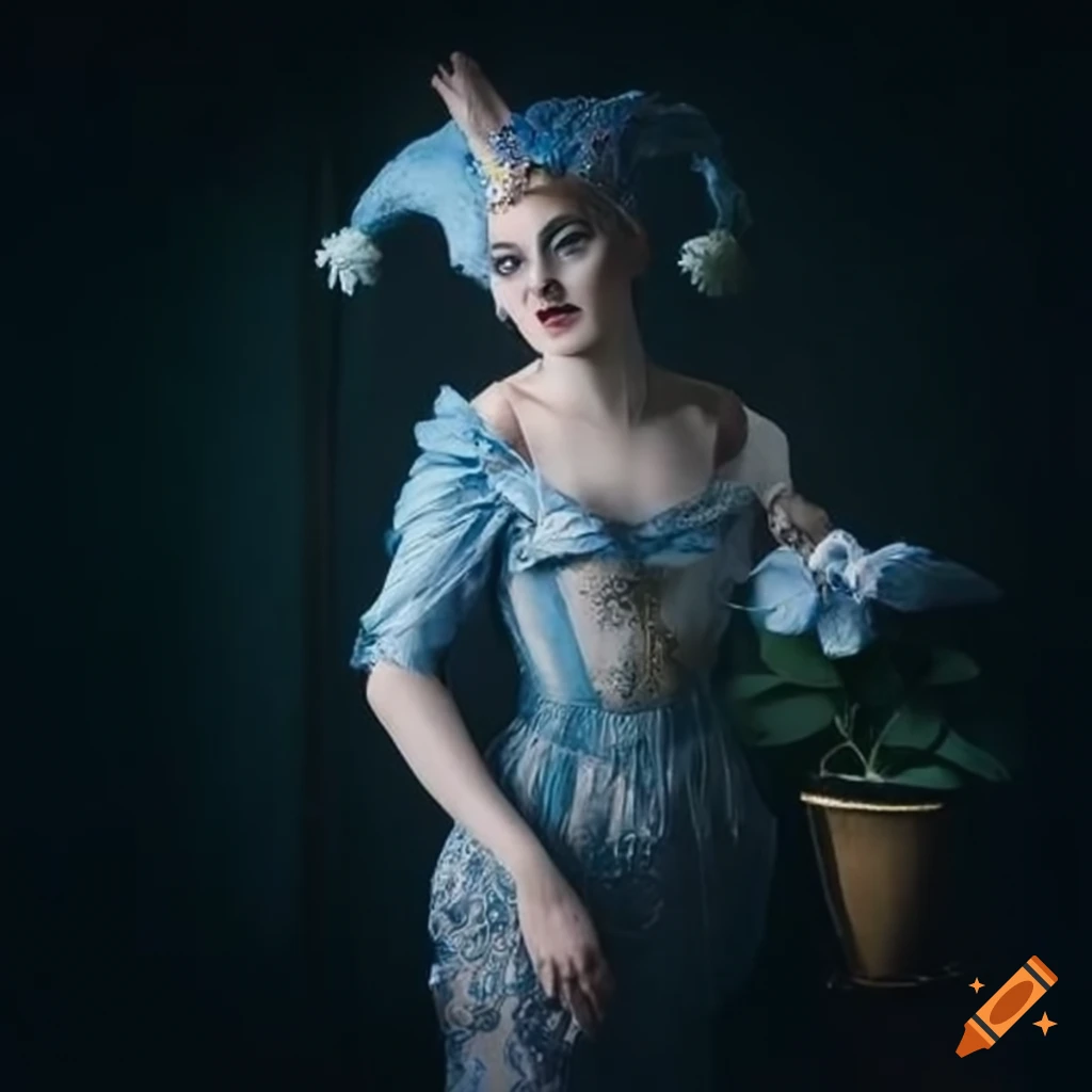 Jester with pale blue flowers in an elegant pose on Craiyon