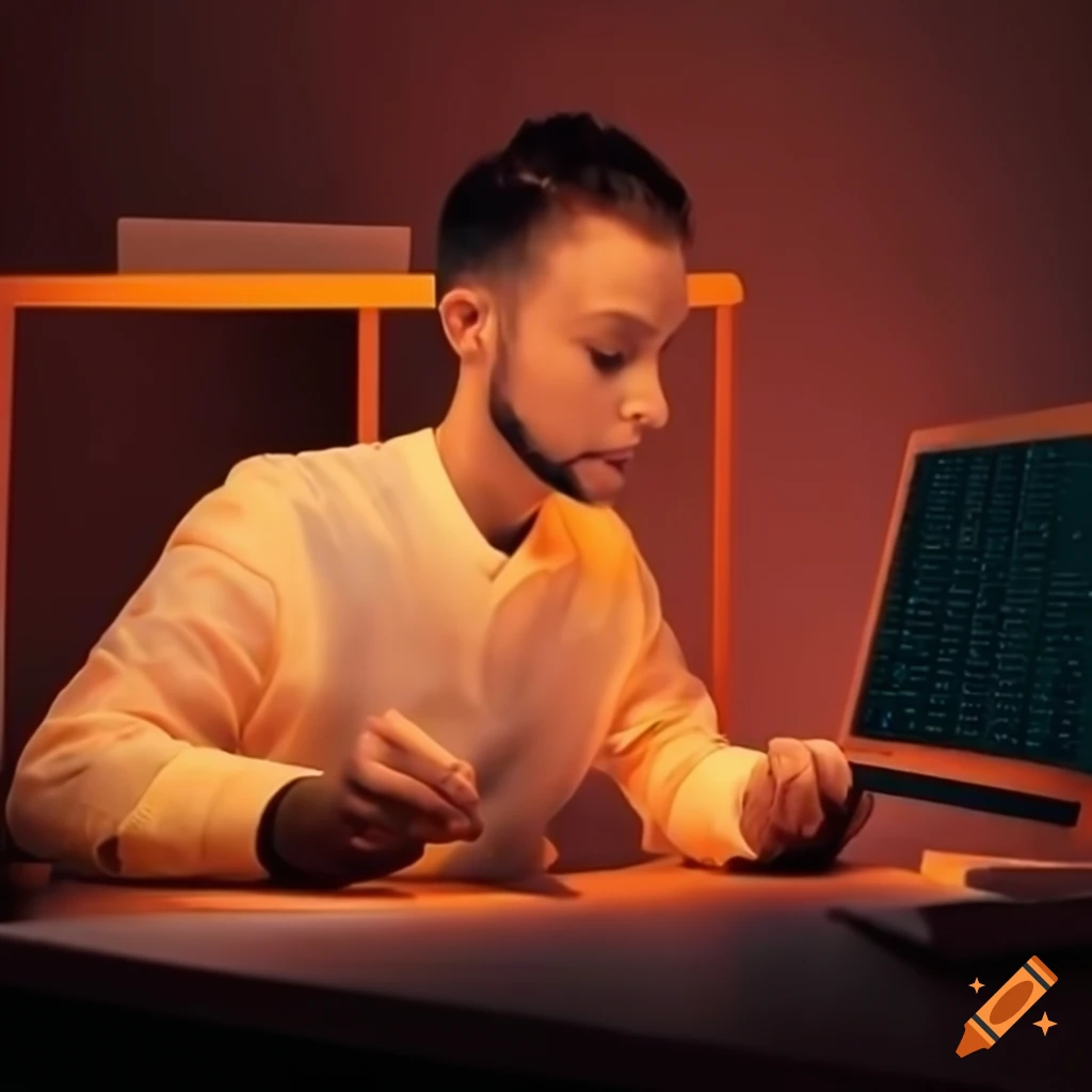 Computer coder at desk in dim orange lighting on Craiyon