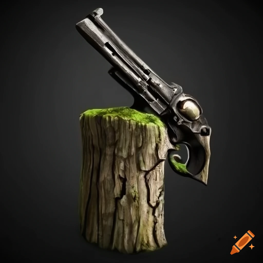 Fantasy revolver crafted from an ancient mossy tree stump on Craiyon