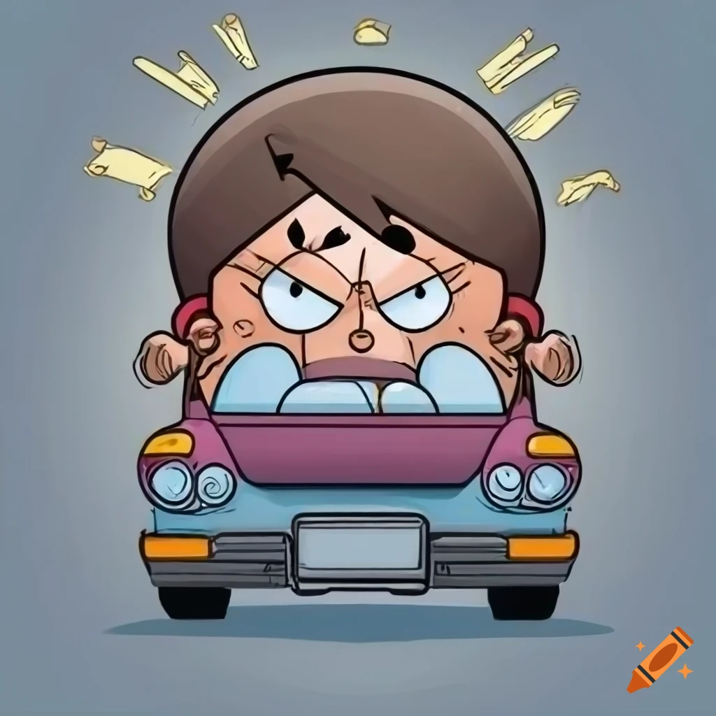 Colorful cartoon of a frustrated woman stuck in traffic on Craiyon