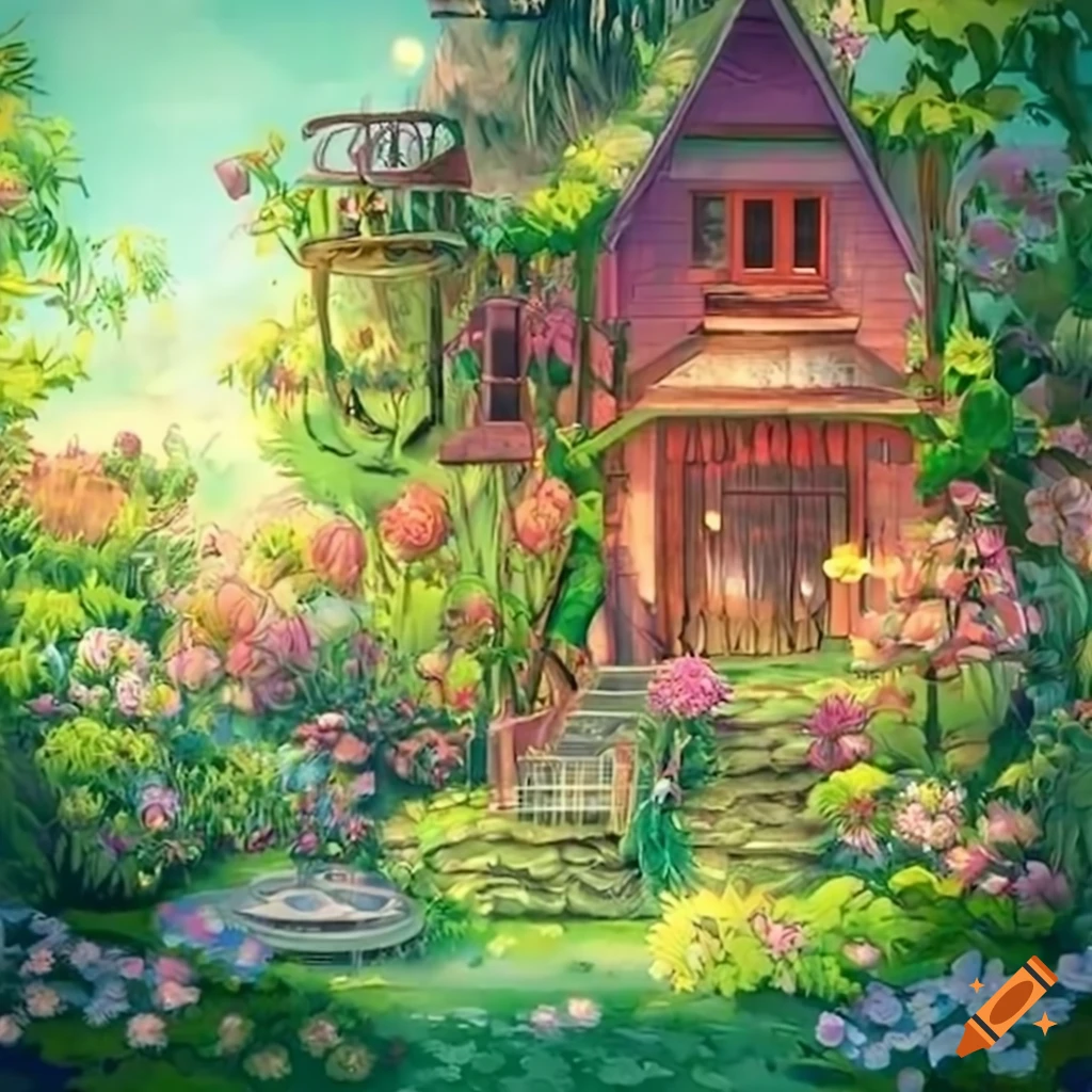 Whimsical Studio Ghibli garden with colorful blooms and sweet fragrances on Craiyon
