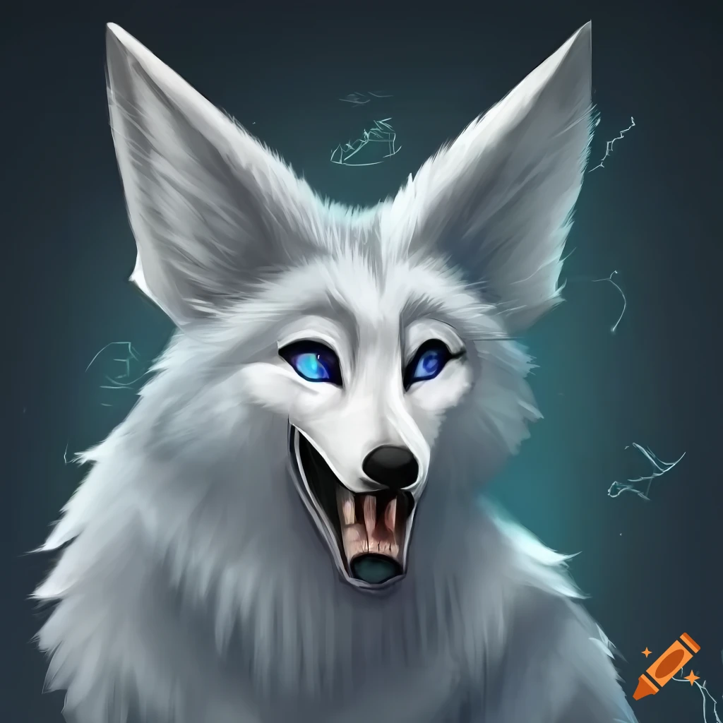 Anthropomorphic male white wolf with fennec fox ears and blue eyes in ...