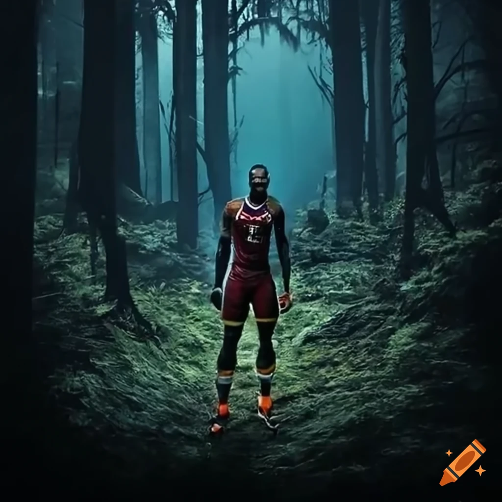 LeBron James in a forest at night on Craiyon