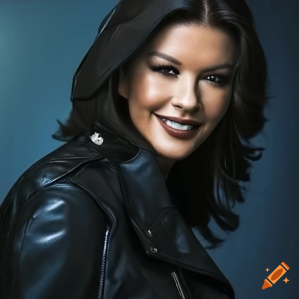 Portrait of Catherine Zeta Jones in black leather biker jacket with ...