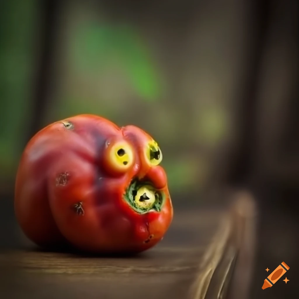 Rotten tomato fruit monster in a close-up micro photoshoot on a wooden ...