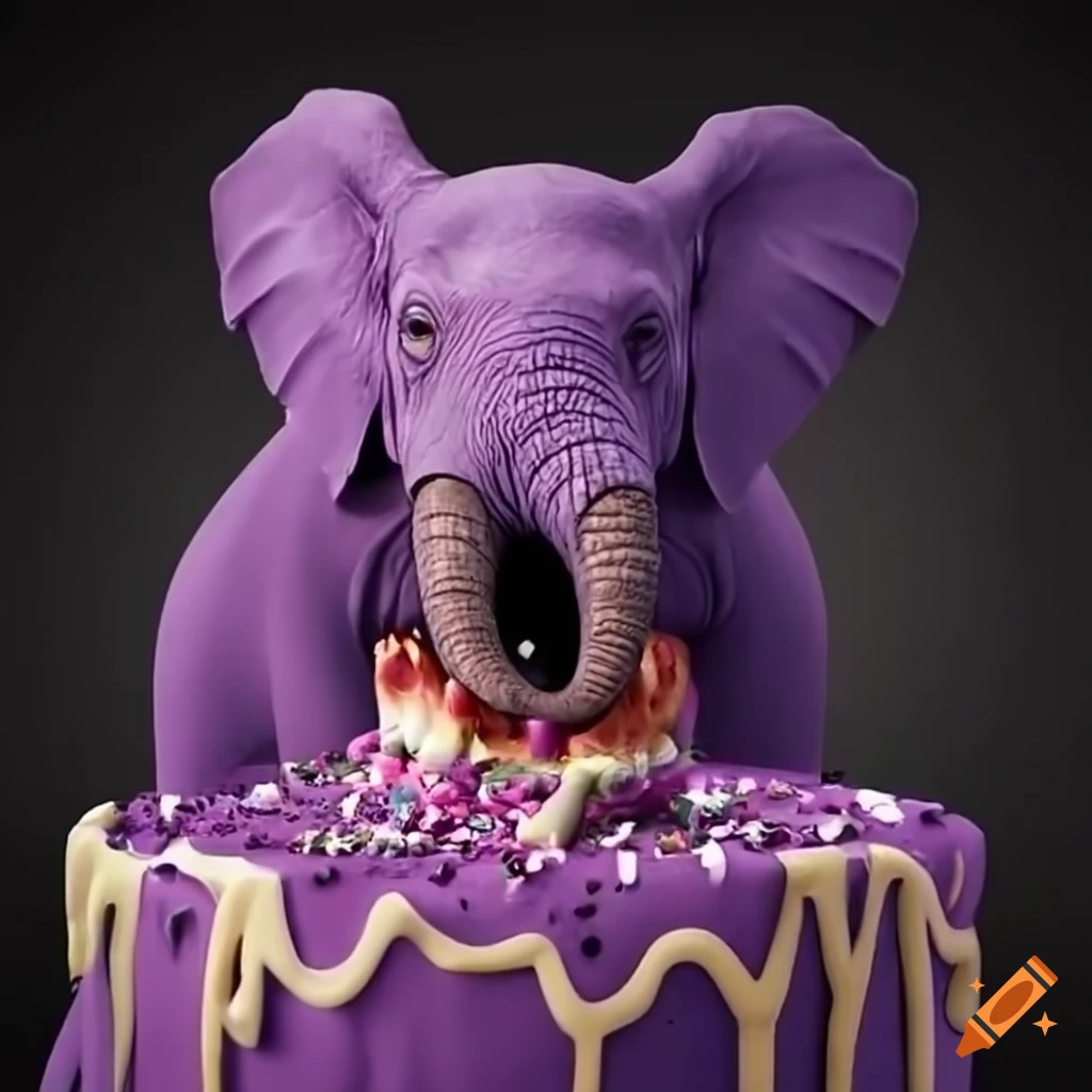 Purple elephant eating a unique cake on Craiyon