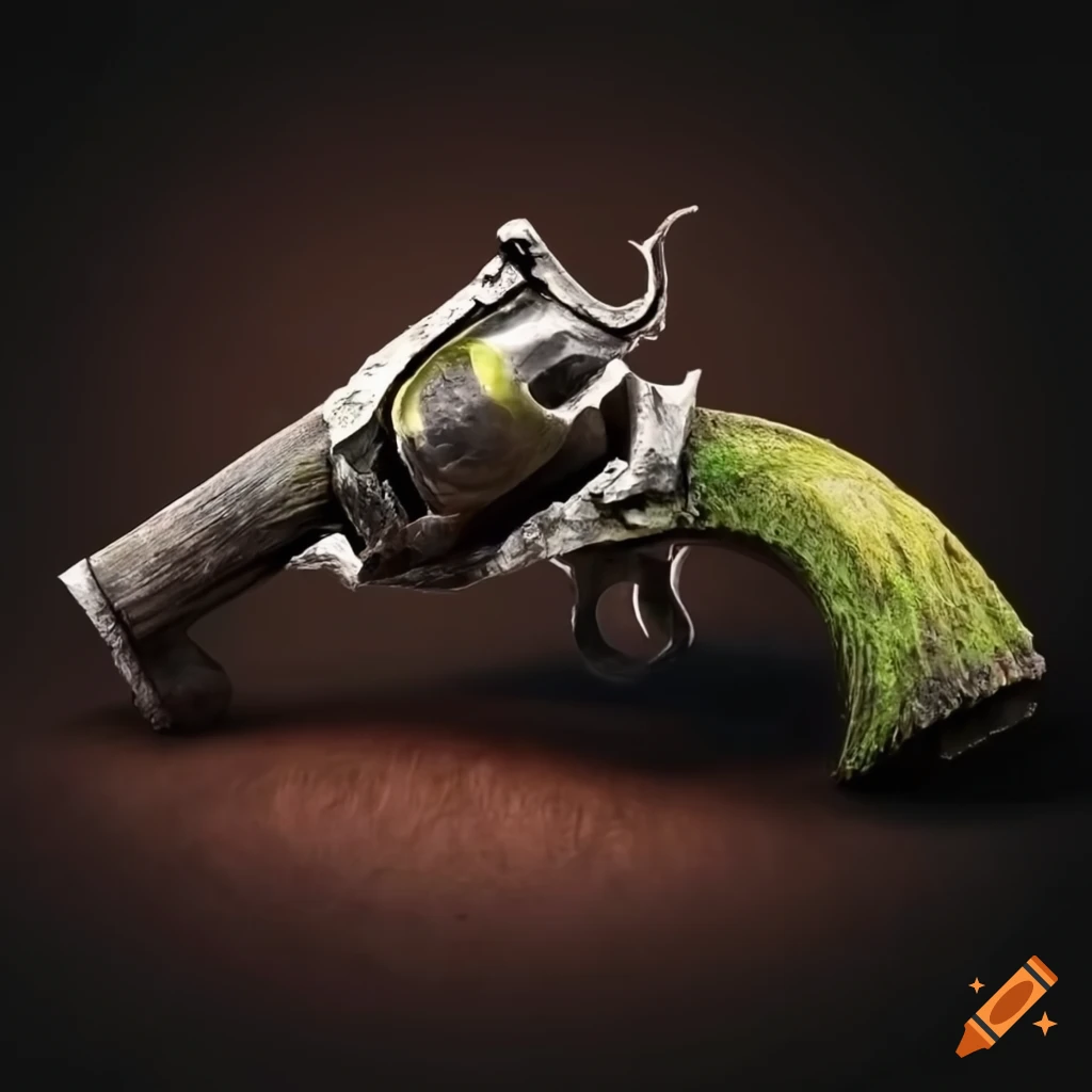 Fantasy revolver crafted from an ancient mossy tree stump on Craiyon