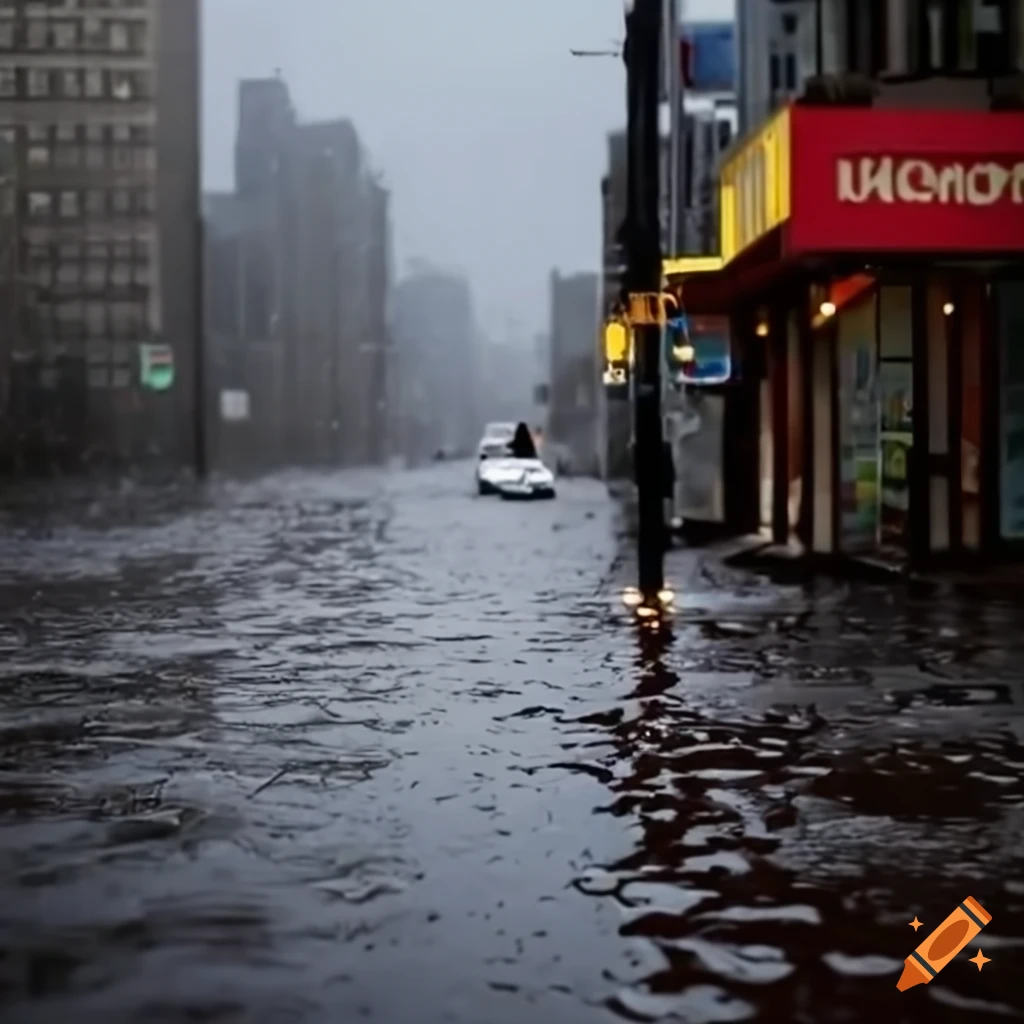 Heavy rain on a city street on Craiyon
