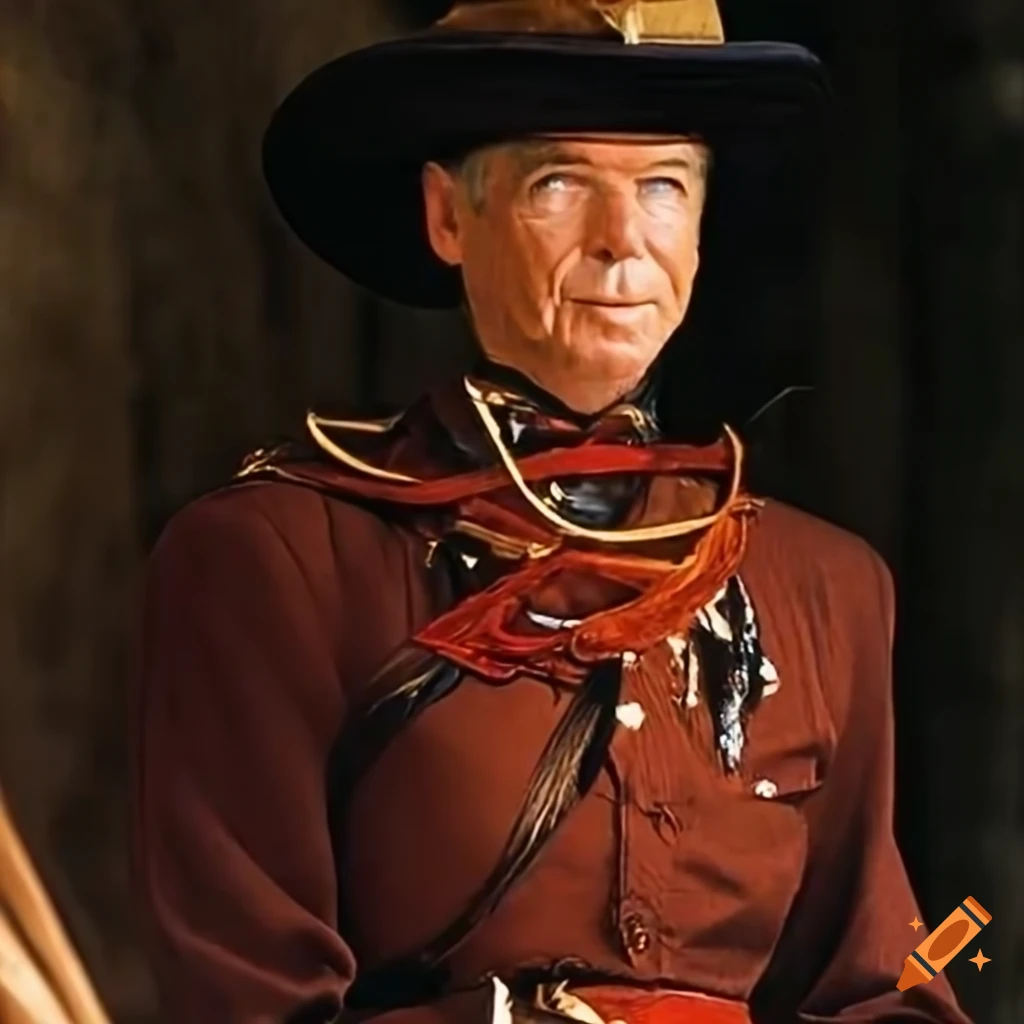 Actor Pierce Brosnan dressed as a Canadian mountie riding a horse on ...