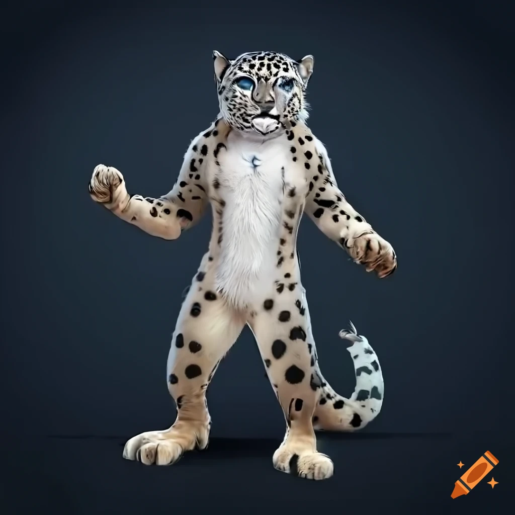 Anthropomorphic male snow leopard with blue eyes standing upright in ...