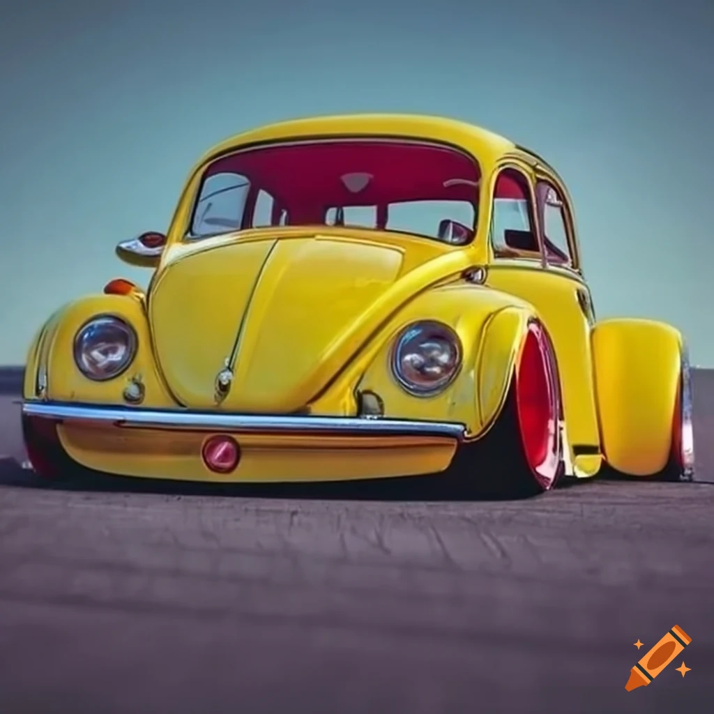 Yellow Volkswagen Type 1 Beetle with wide fenders and red wheels on a ...