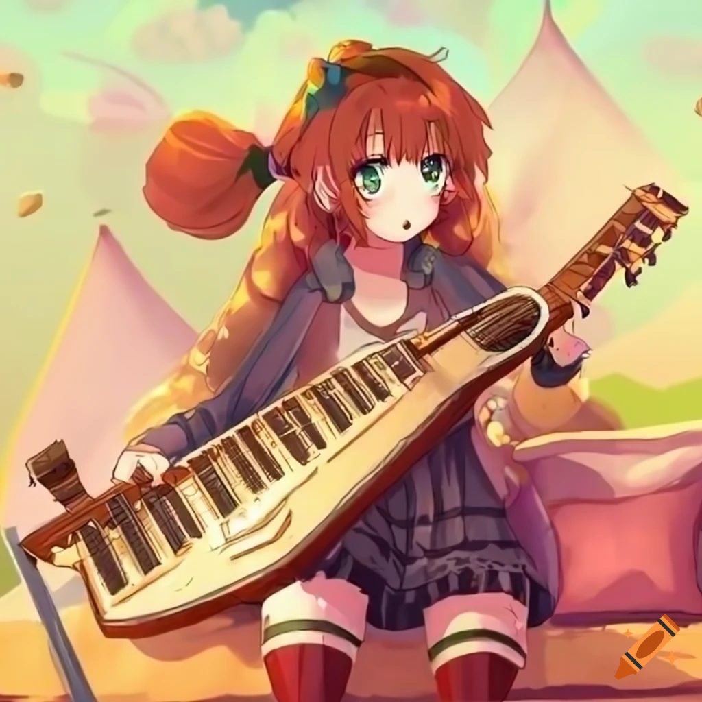 Anime bard playing zither at camp on Craiyon