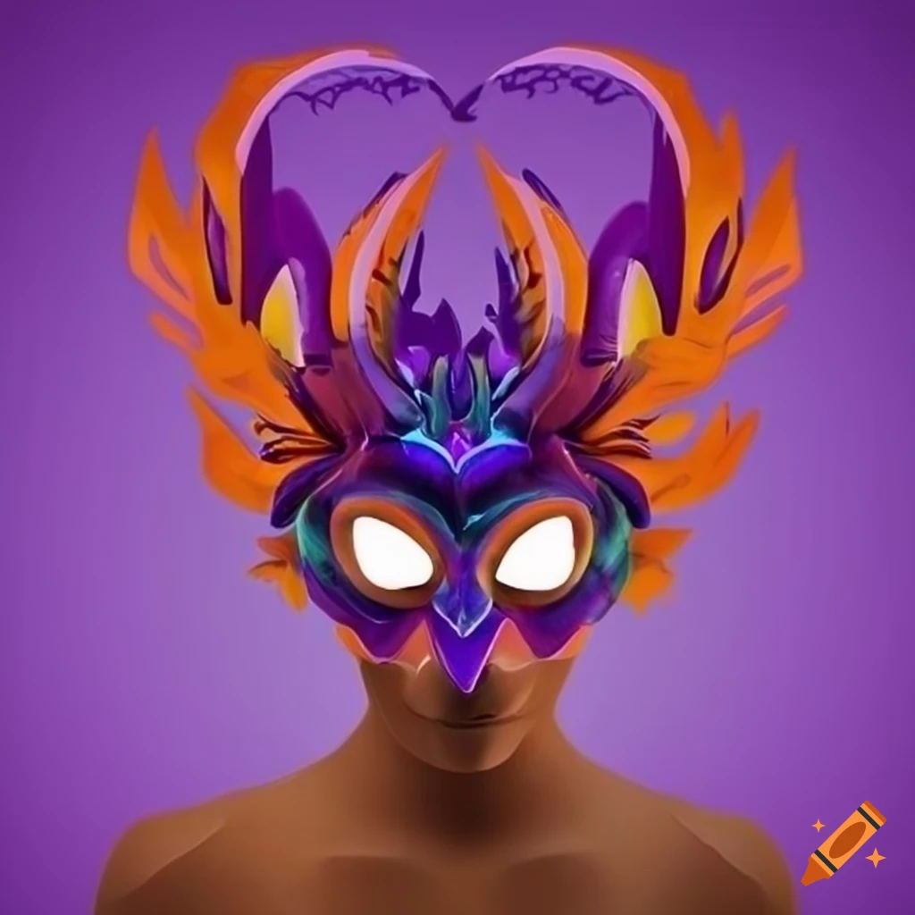 Stylized purple and orange phoenix mask on Craiyon