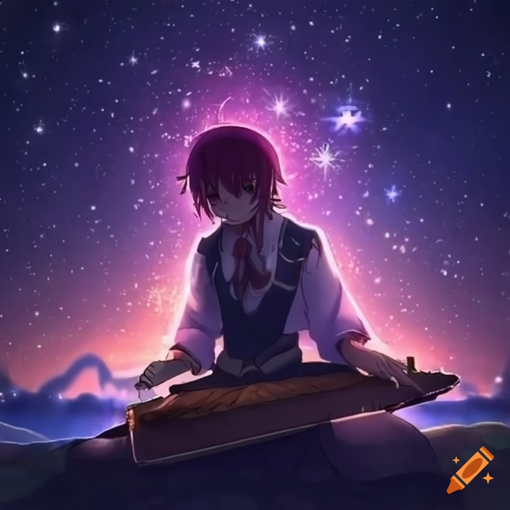Anime bard playing zither under a starry sky on Craiyon