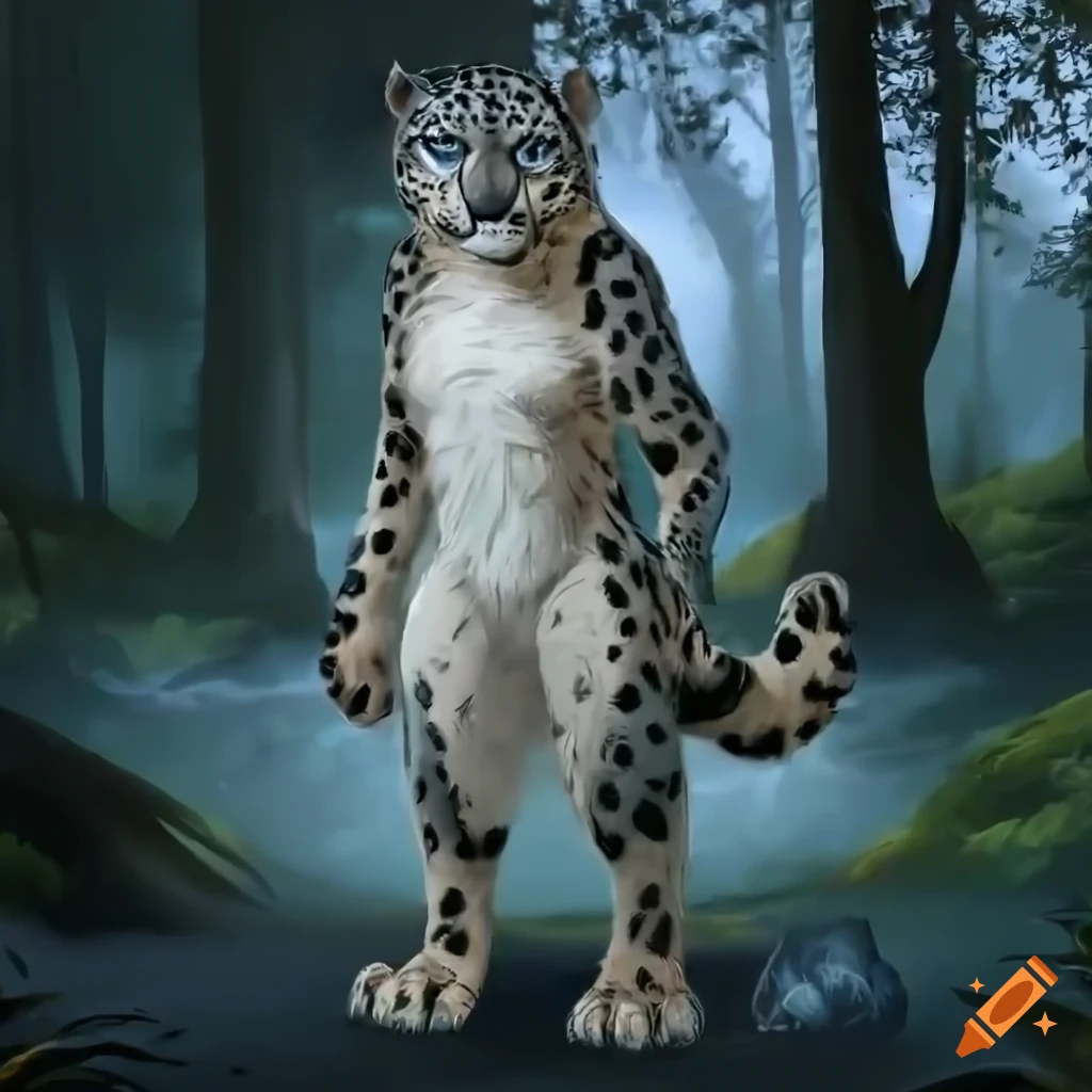 Anthropomorphic snow leopard with blue eyes standing in a forest ...