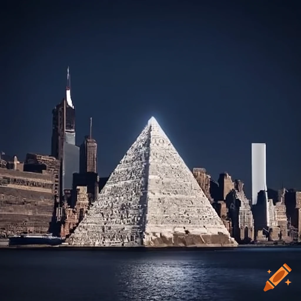 Oversized egyptian pyramid blending into new york city skyline on Craiyon