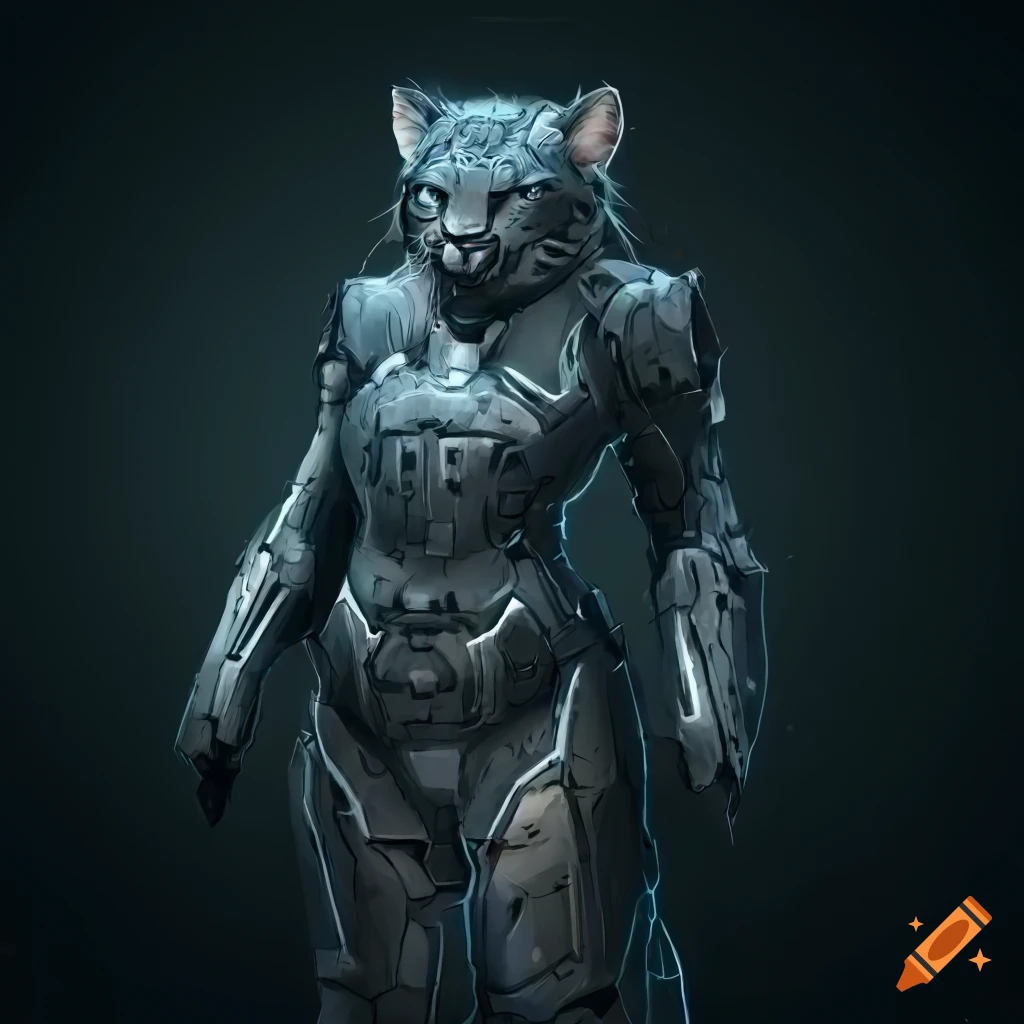 Anthropomorphic snow leopard in futuristic armor standing in a forest ...