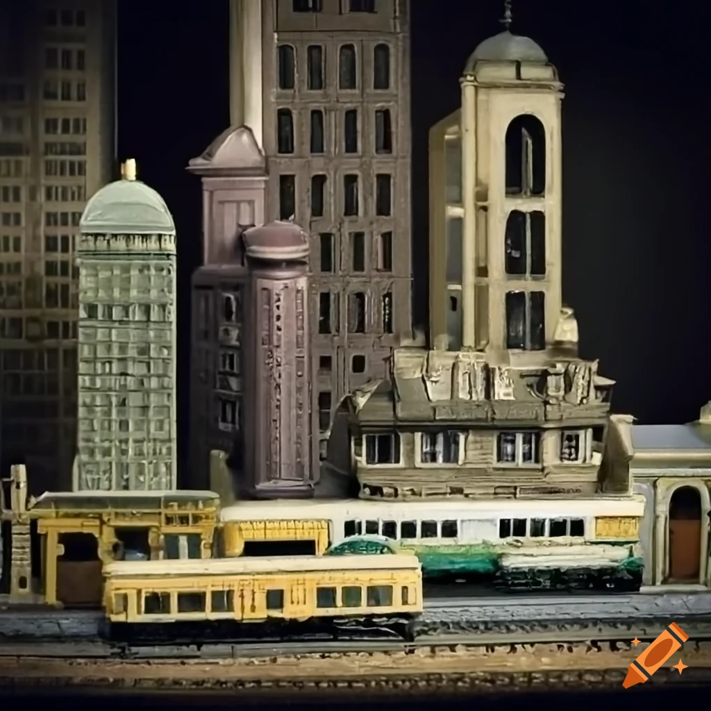 1950's china urban train diorama with steam model train on Craiyon