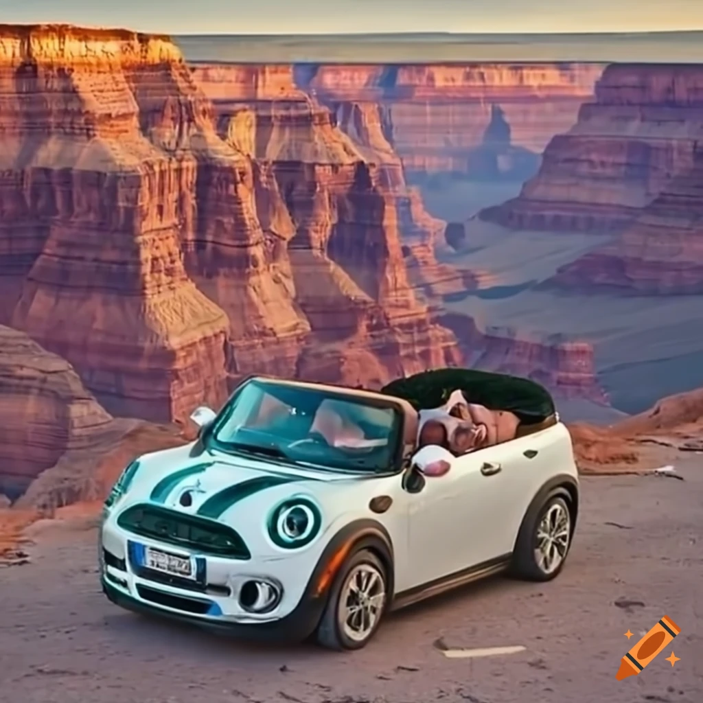 Couple driving near grand canyon in white convertible mini cooper on ...