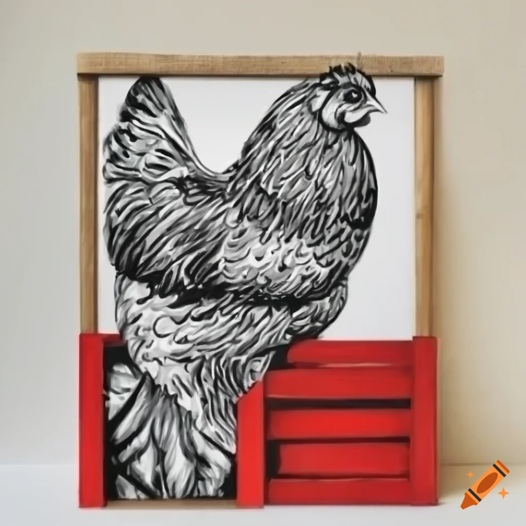 Chicken on a red wooden crate in a line drawing style on Craiyon