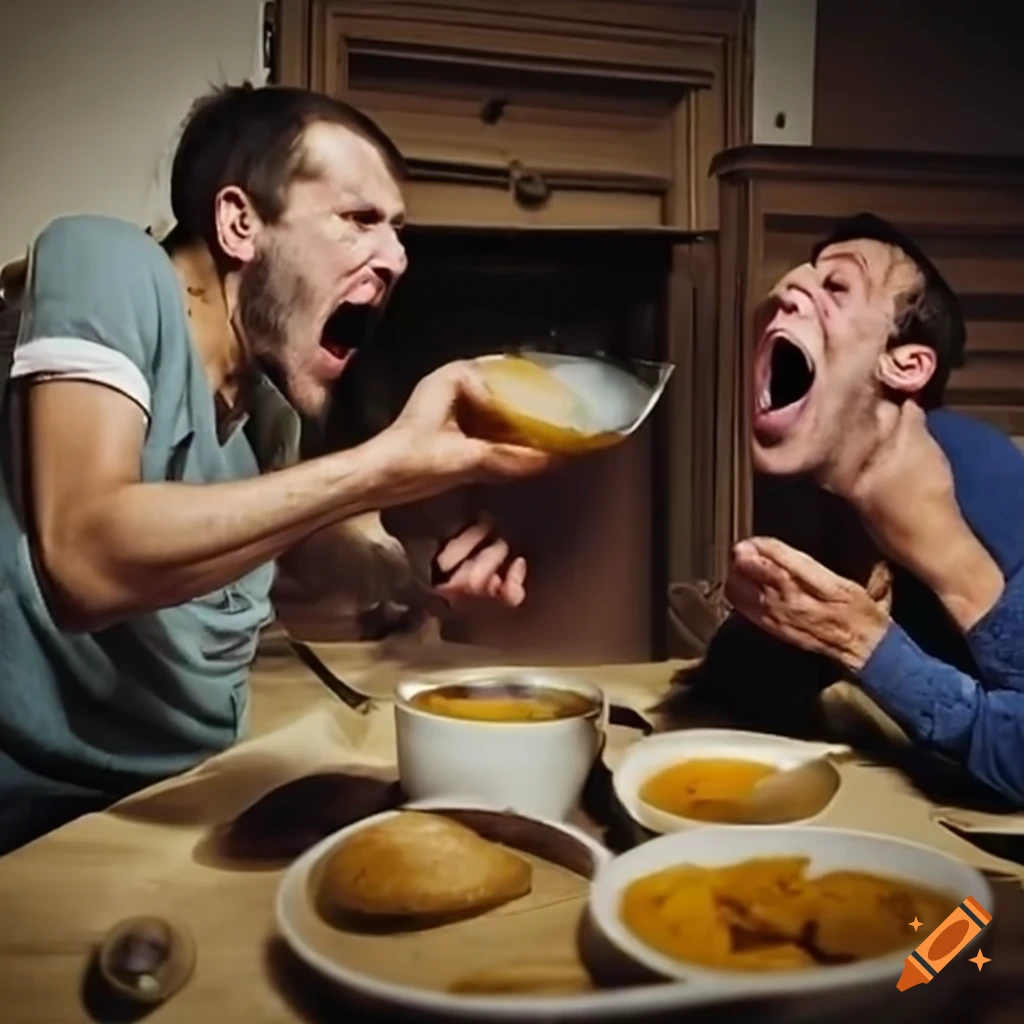 Humorous illustration of men yelling at soup on Craiyon